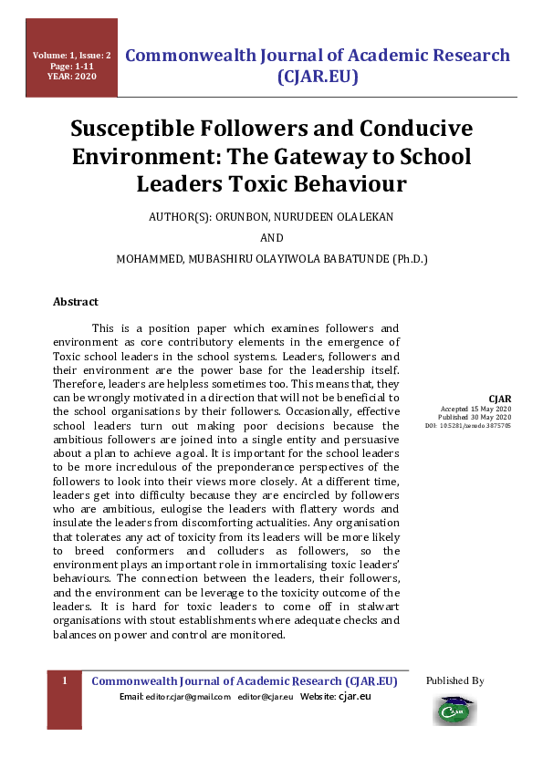(PDF) Susceptible Followers and Conducive Environment: The Gateway to School Leaders Toxic Behaviour