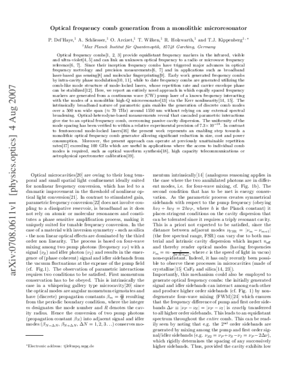 (PDF) Optical frequency comb generation from a monolithic microresonator
