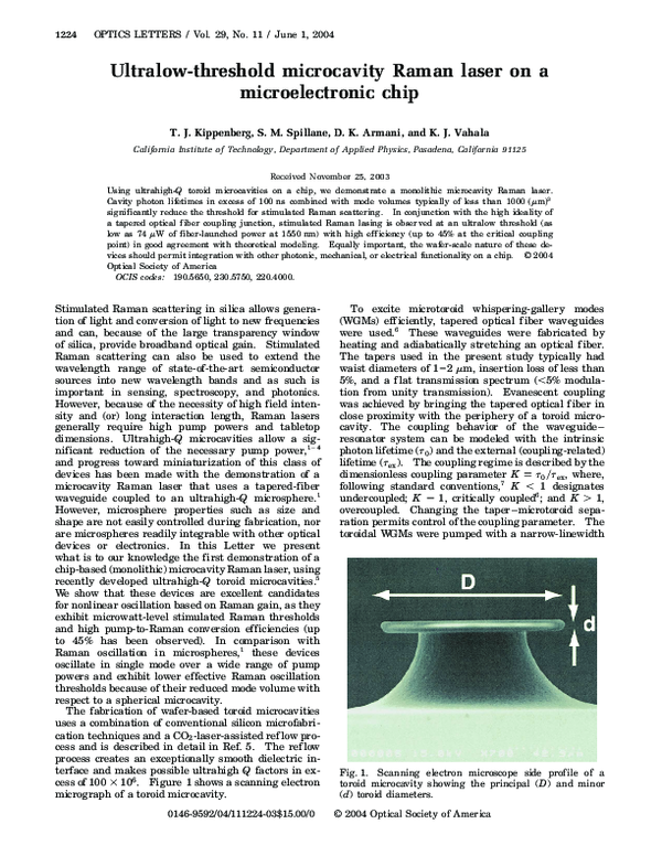 (PDF) Ultralow-threshold microcavity Raman laser on a microelectronic chip