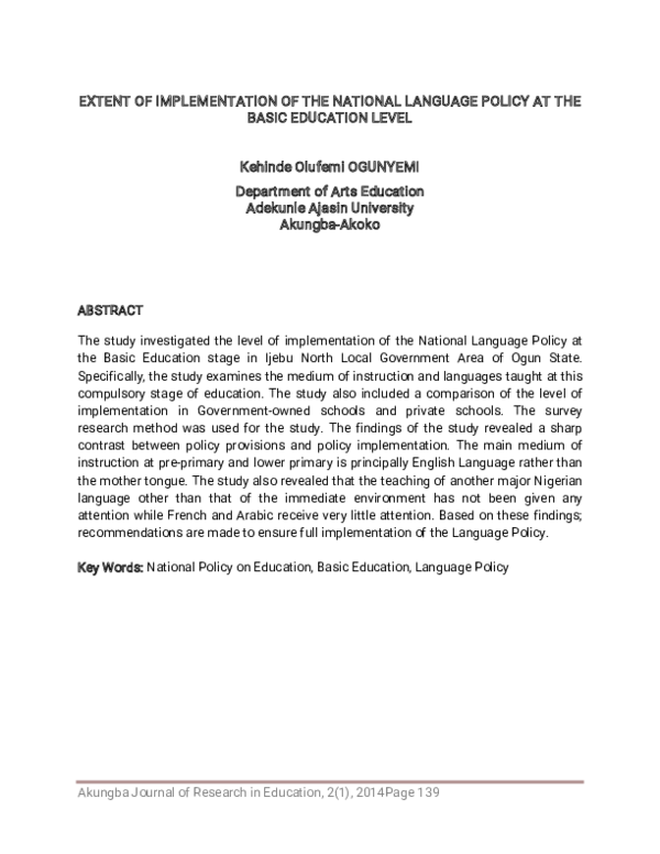 (PDF) Extent of Implementation of the National Language Policy at the ...