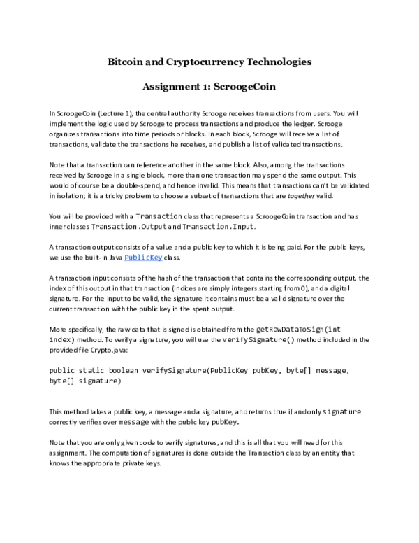 (PDF) Bitcoin and Cryptocurrency Technologies Assignment 1: ScroogeCoin