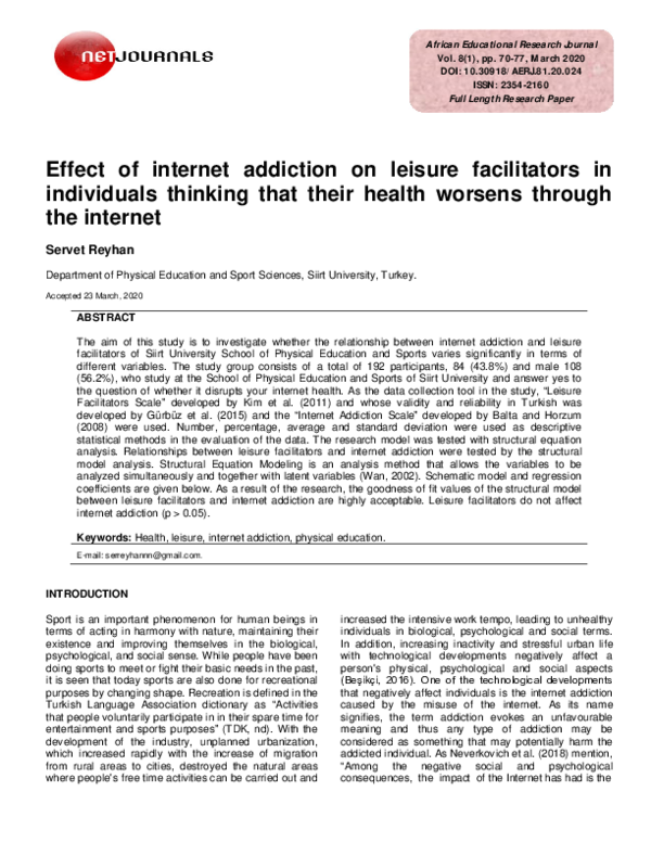 (PDF) Effect of internet addiction on leisure facilitators in ...
