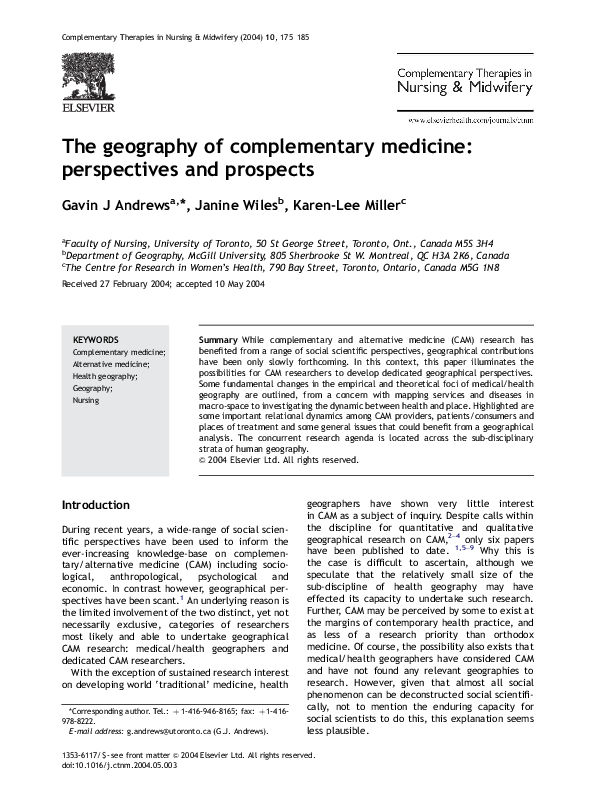 (PDF) The geography of complementary medicine: perspectives and prospects