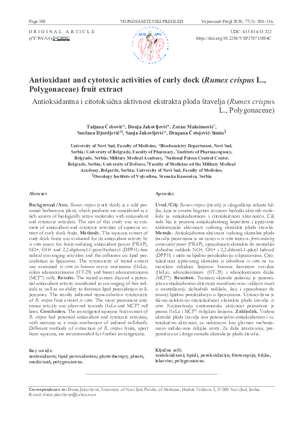 (PDF) Antioxidant and cytotoxic activities of curly dock (Rumex crispus L., Polygonaceae) fruit ...