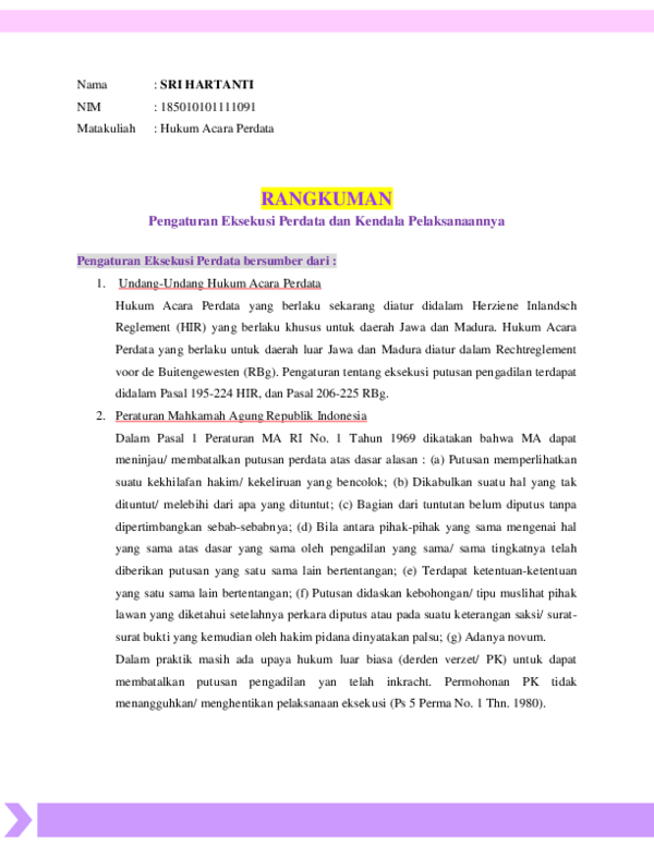 (PDF) Pengaturan Eksekusi Perdata dan Kendala Pelaksanaannya