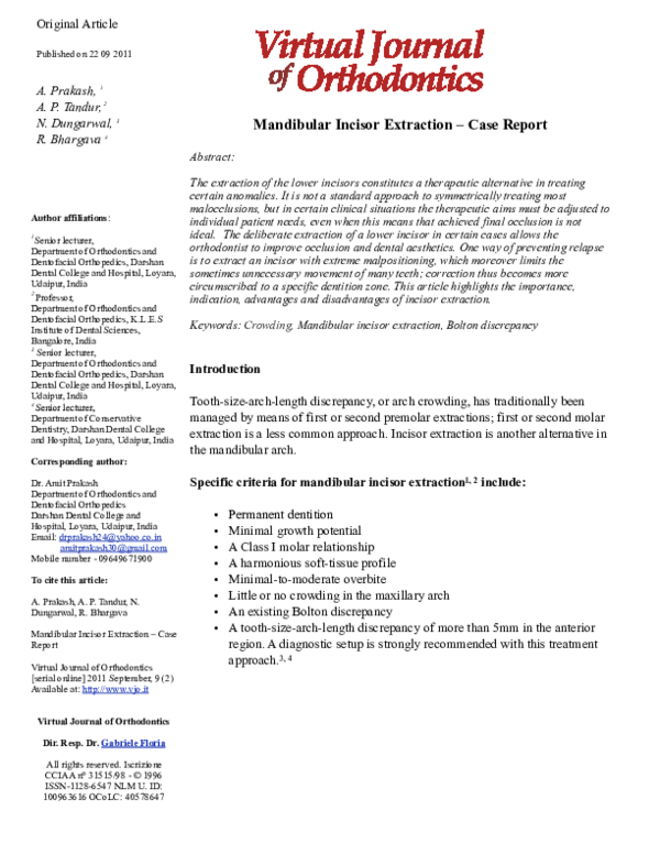(PDF) Mandibular Incisor Extraction -Case Report