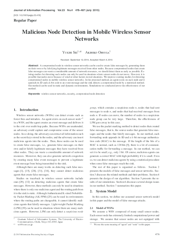 (PDF) Malicious Node Detection in Mobile Wireless Sensor Networks
