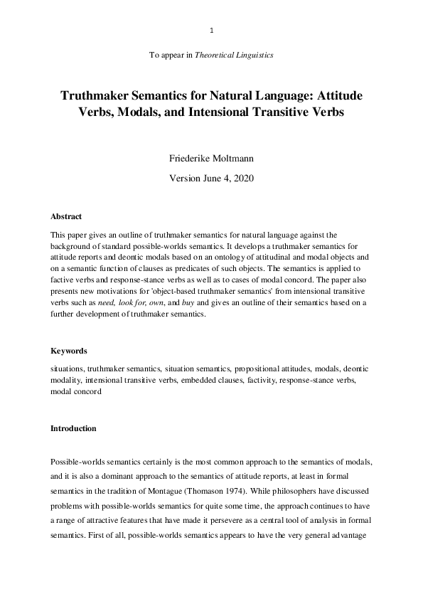 (PDF) Truthmaker Semantics for Natural Language: Attitude Verbs, Modals, and Intensional ...