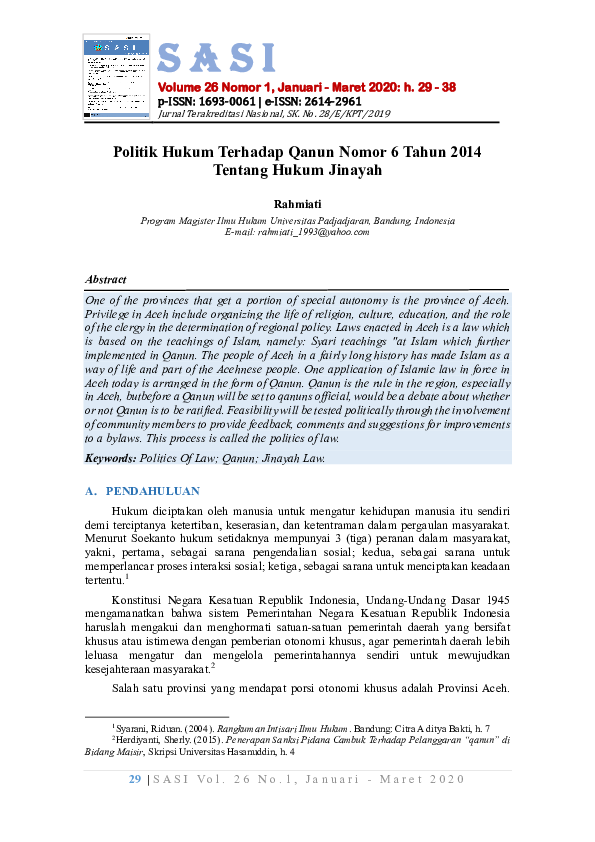 (PDF) Politik Hukum Terhadap Qanun Nomor 6 Tahun 2014 Tentang Hukum Jinayah