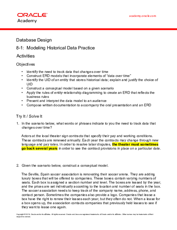 (DOC) Database Design 8-1: Modeling Historical Data Practice Activities