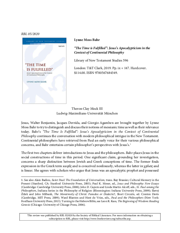(PDF) Review Lynn Moss Bahr “The Time is Fulfilled”: Jesus’s ...
