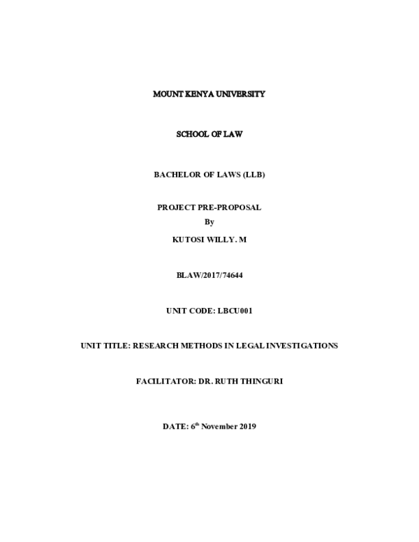 (DOC) SCHOOL OF LAW BACHELOR OF LAWS (LLB) PROJECT PRE-PROPOSAL