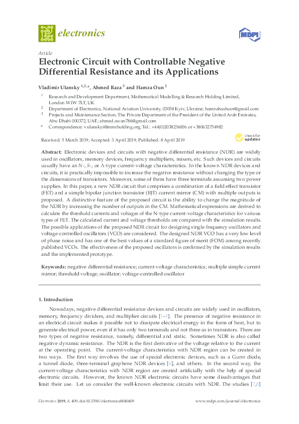 (PDF) Electronic Circuit with Controllable Negative Differential Resistance and its Applications