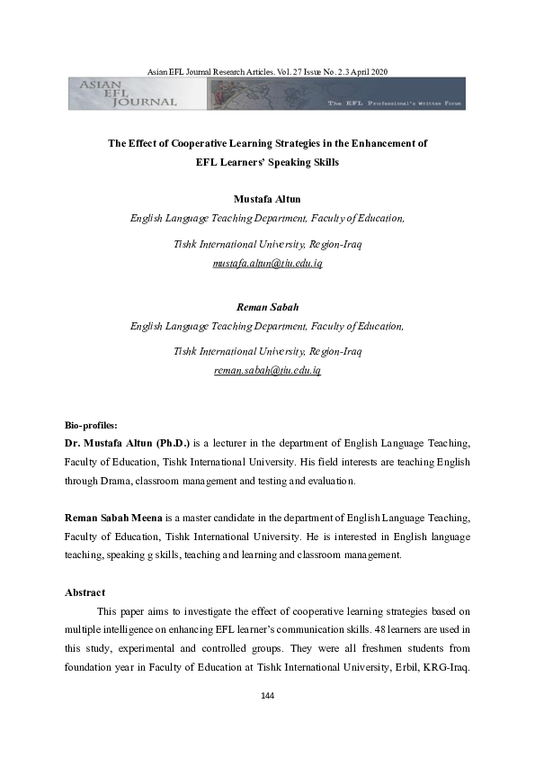 (PDF) The Effect of Cooperative Learning Strategies in the Enhancement of EFL Learners' Speaking ...