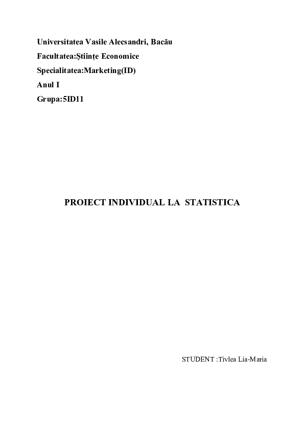 (DOC) PROIECT INDIVIDUAL LA STATISTICA STUDENT :Tivlea Lia-Maria