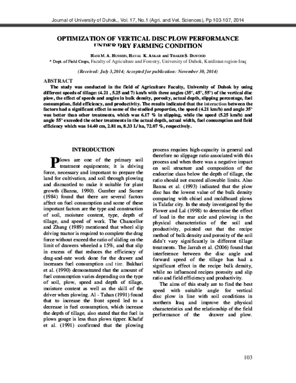 (PDF) OPTIMIZATION OF VERTICAL DISC PLOW PERFORMANCE UNDER DRY FARMING ...