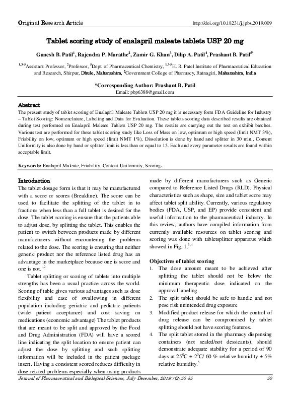 (PDF) Tablet scoring study of enalapril maleate tablets USP 20 mg