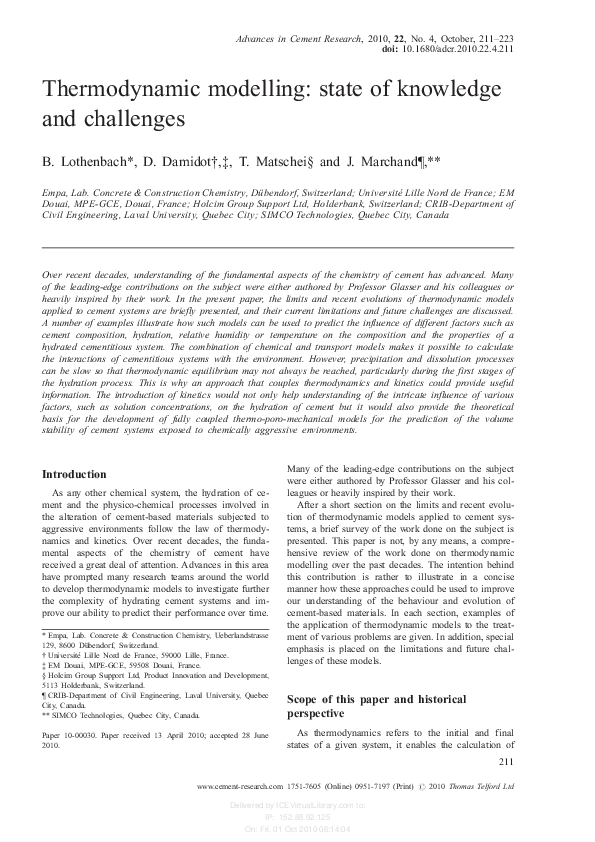 (PDF) Thermodynamic modelling: state of knowledge and challenges