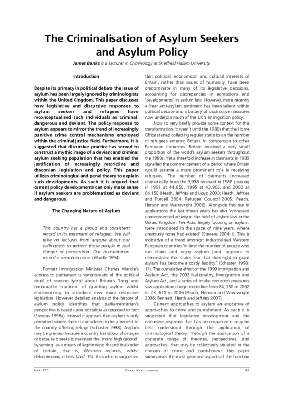 (PDF) Banks, J. (2008) 'The Criminalisation of Asylum Seekers and ...