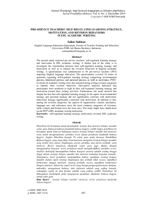 (PDF) PRE-SERVICE TEACHERS' SELF-REGULATED LEARNING STRATEGY, MOTIVATION, AND REVISION BEHAVIORS ...