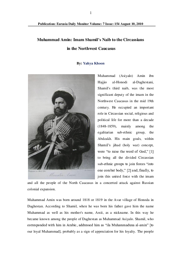 (PDF) Muhammad Amin: Imam Shamil’s Naib to the Circassians in the ...