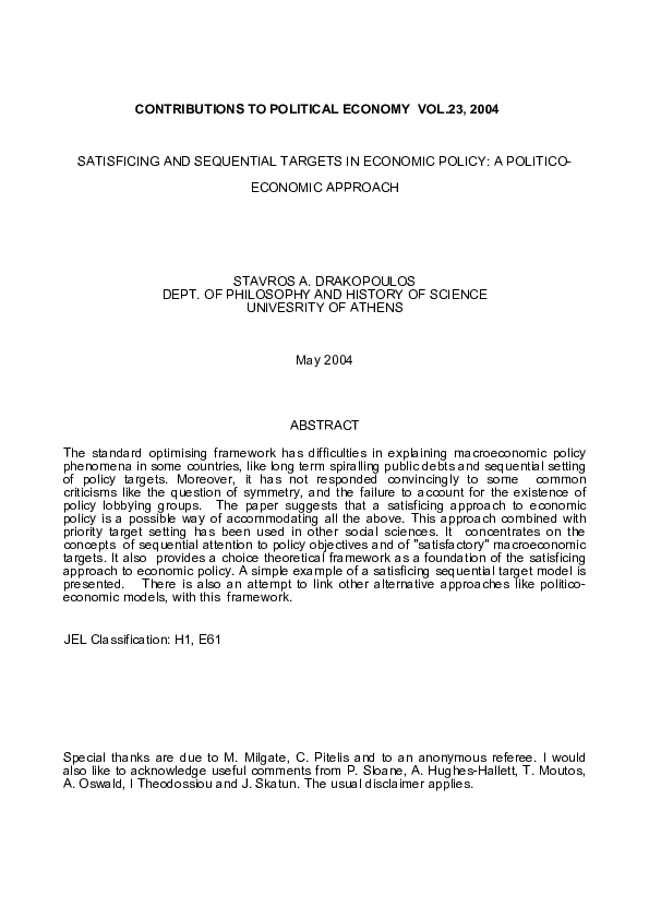 (DOC) Satisficing and Sequential Targets in Economic Policy: A Politico ...
