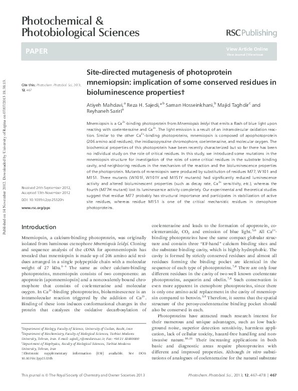 (PDF) Site-directed mutagenesis of photoprotein mnemiopsin: implication ...