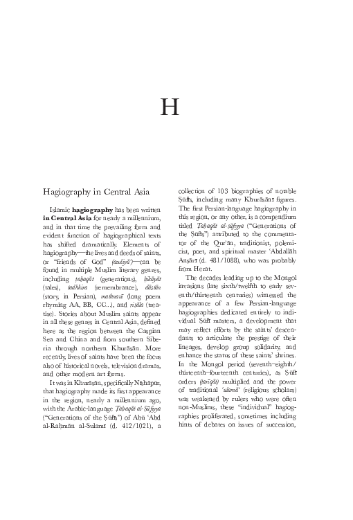 (PDF) Hagiography in Central Asia. Encyclopedia of Islam, Third Edition ...