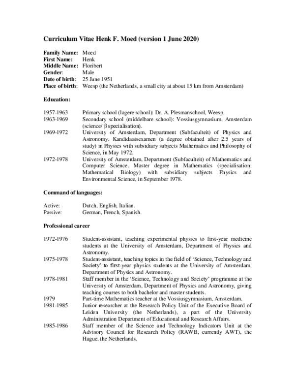 (PDF) Curriculum Vitae Henk F. Moed (version 1 June 2020)