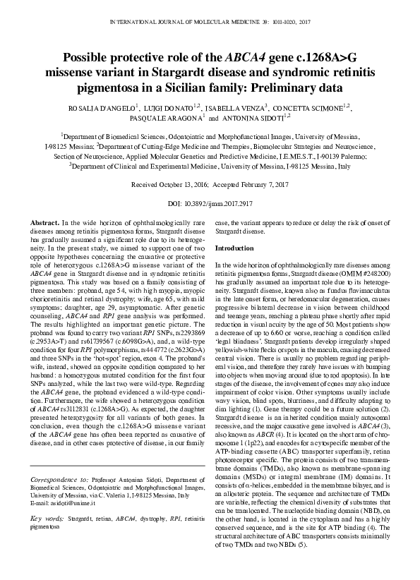 (PDF) Possible protective role of the ABCA4 gene c.1268A>G missense ...