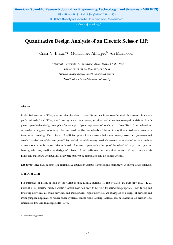(PDF) Quantitative Design Analysis of an Electric Scissor Lift