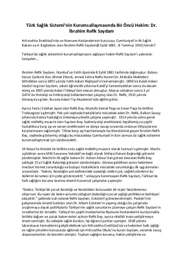 (DOC) Türk Sağlık Sistemi’nin Kurumsallaşmasında Bir Öncü Hekim: Dr ...