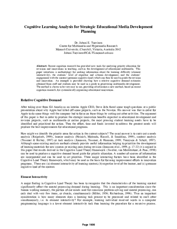 (PDF) Cognitive Learning Analysis for Strategic Educational Media ...