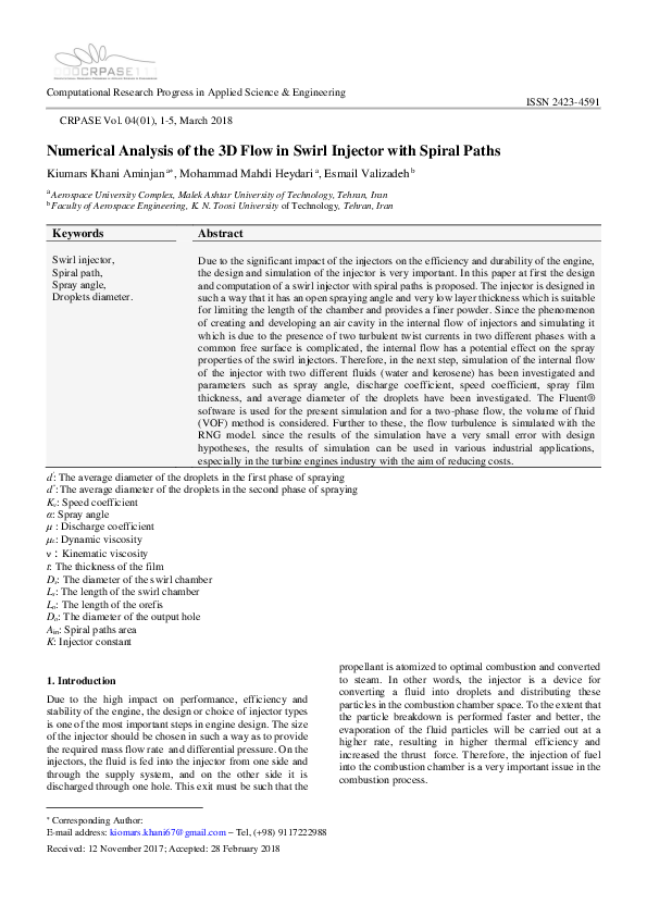 (PDF) Numerical Analysis of the 3D Flow in Swirl Injector with Spiral Paths