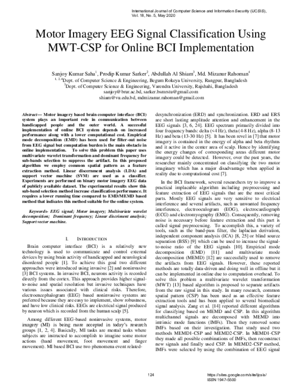 Pdf Motor Imagery Eeg Signal Classification Using Mwt Csp For Online Bci Implementation