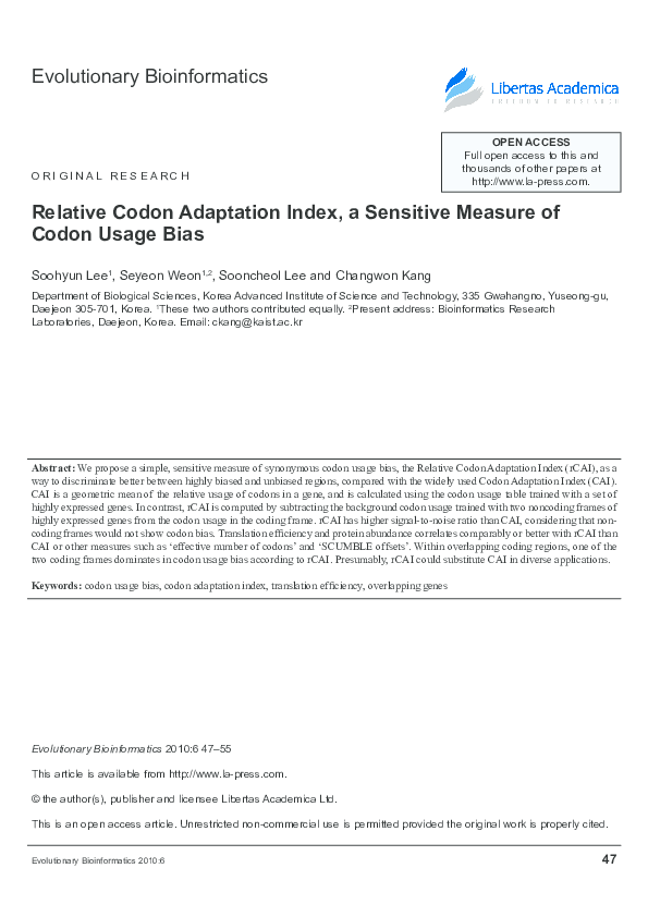 Pdf Relative Codon Adaptation Index A Sensitive Measure Of Codon