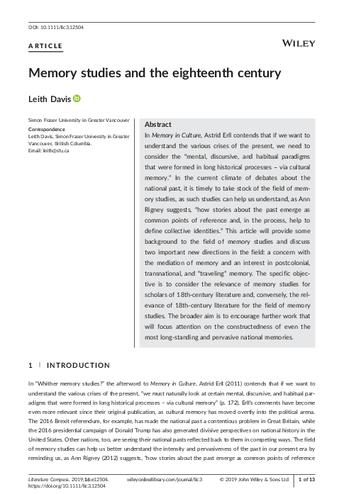(PDF) Memory Studies and the Eighteenth Century