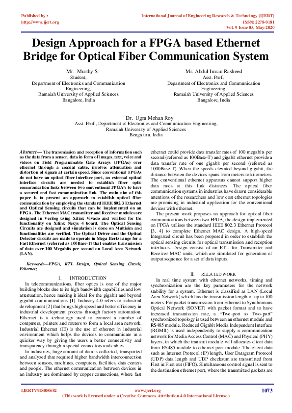 Pdf Ijert Design Approach For A Fpga Based Ethernet Bridge For Optical Fiber Communication System