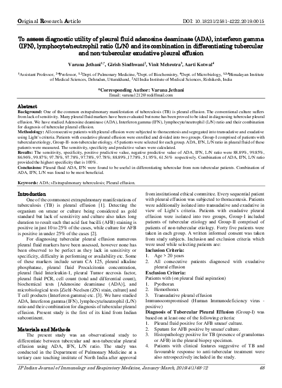 (PDF) To assess diagnostic utility of pleural fluid adenosine deaminase ...