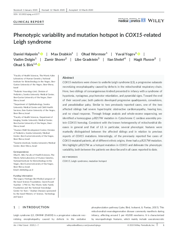 (PDF) Phenotypic variability and mutation hotspot in COX15-related ... (PDF) Phenotypic variability and mutation hotspot in COX15-related ...
