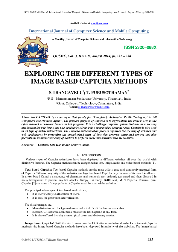 (PDF) EXPLORING THE DIFFERENT TYPES OF IMAGE BASED CAPTCHA METHODS﻿﻿
