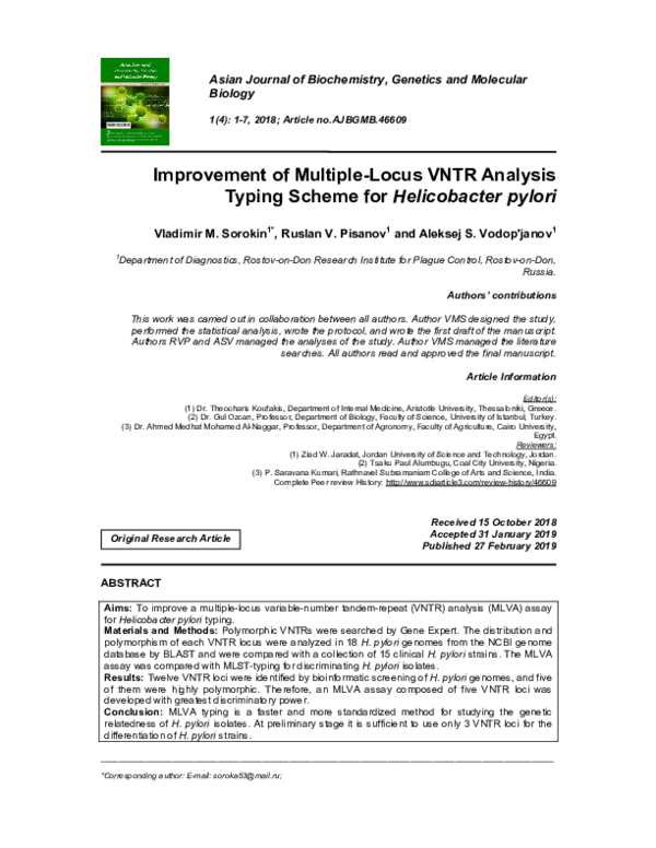 (PDF) Improvement of Multiple-Locus VNTR Analysis Typing Scheme for Helicobacter pylori