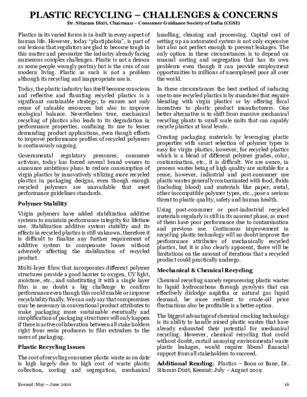 (PDF) PLASTIC RECYCLING -CHALLENGES & CONCERNS