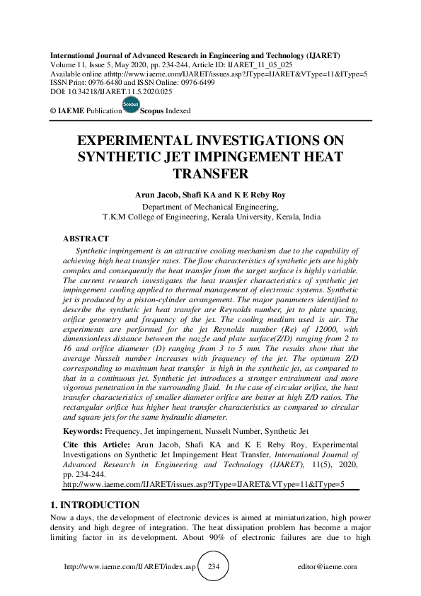 (PDF) EXPERIMENTAL INVESTIGATIONS ON SYNTHETIC JET IMPINGEMENT HEAT ...