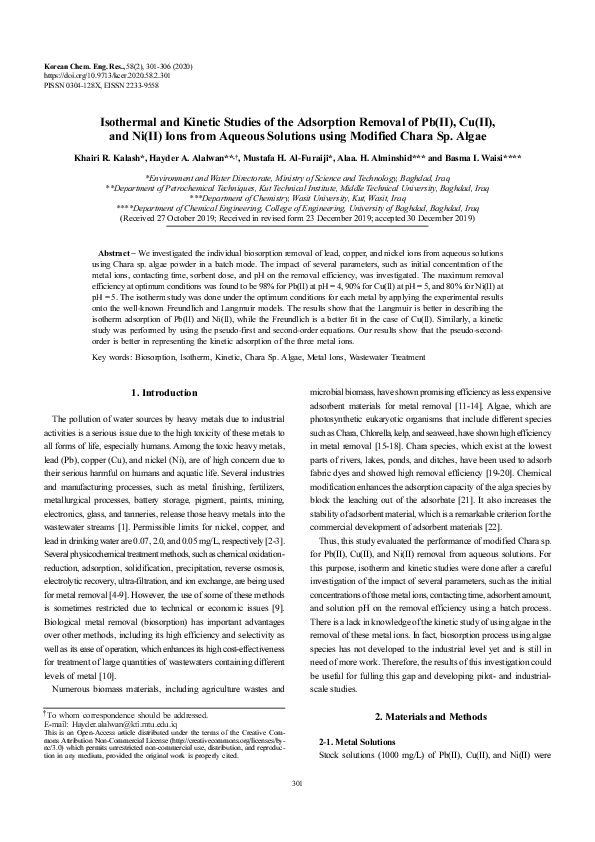(PDF) Isothermal and Kinetic Studies of the Adsorption Removal of Pb(II), Cu(II), and Ni(II ...
