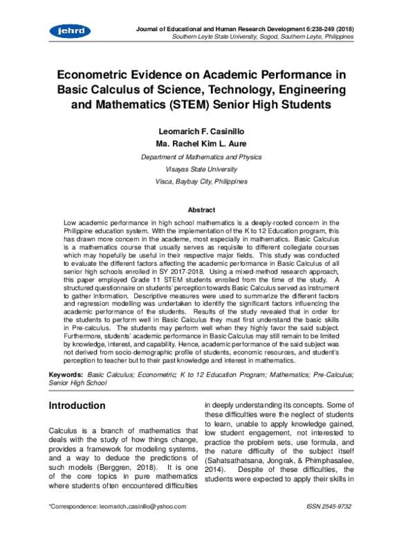 (PDF) Econometric Evidence on Academic Performance in Basic Calculus of Science, Technology ...