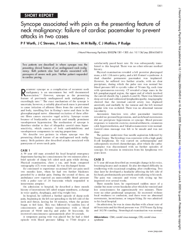 (PDF) Vasodepressor Syncope from Neck Cancer with Associated C‐6 Dermatome Neuralgia | Fred ...
