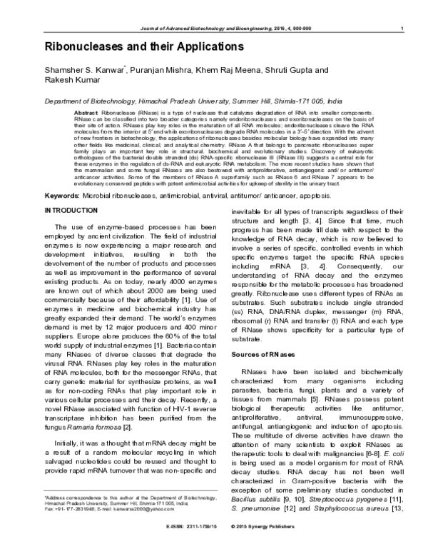 (PDF) Ribonucleases and their Applications