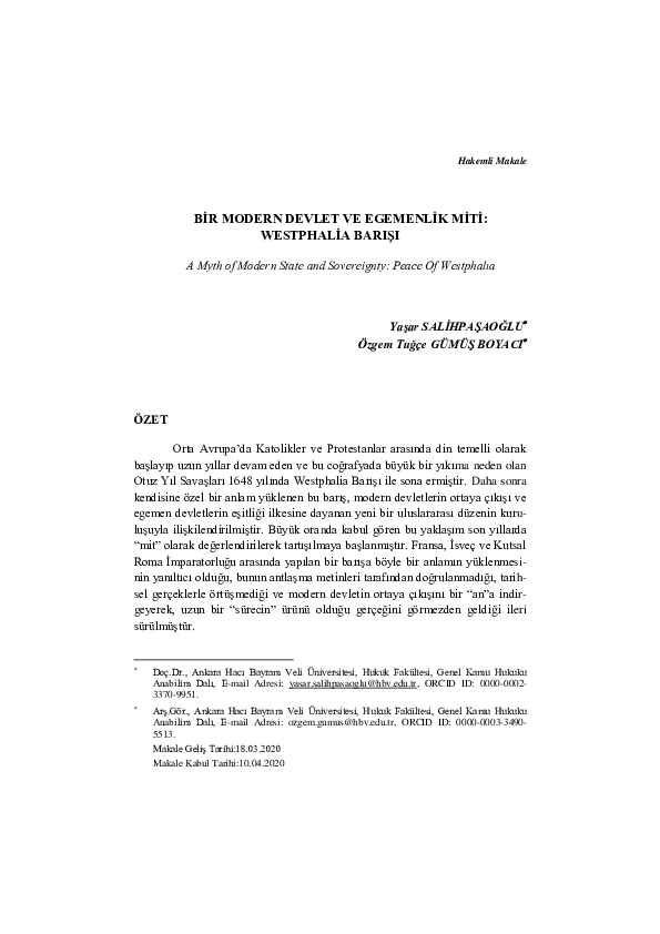 (PDF) Bir Modern Devlet ve Egemenlik Miti: Westphalia Barışı