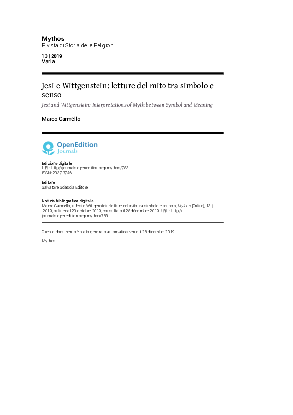 (PDF) Mythos Jesi e Wittgenstein: letture del mito tra simbolo e senso ...